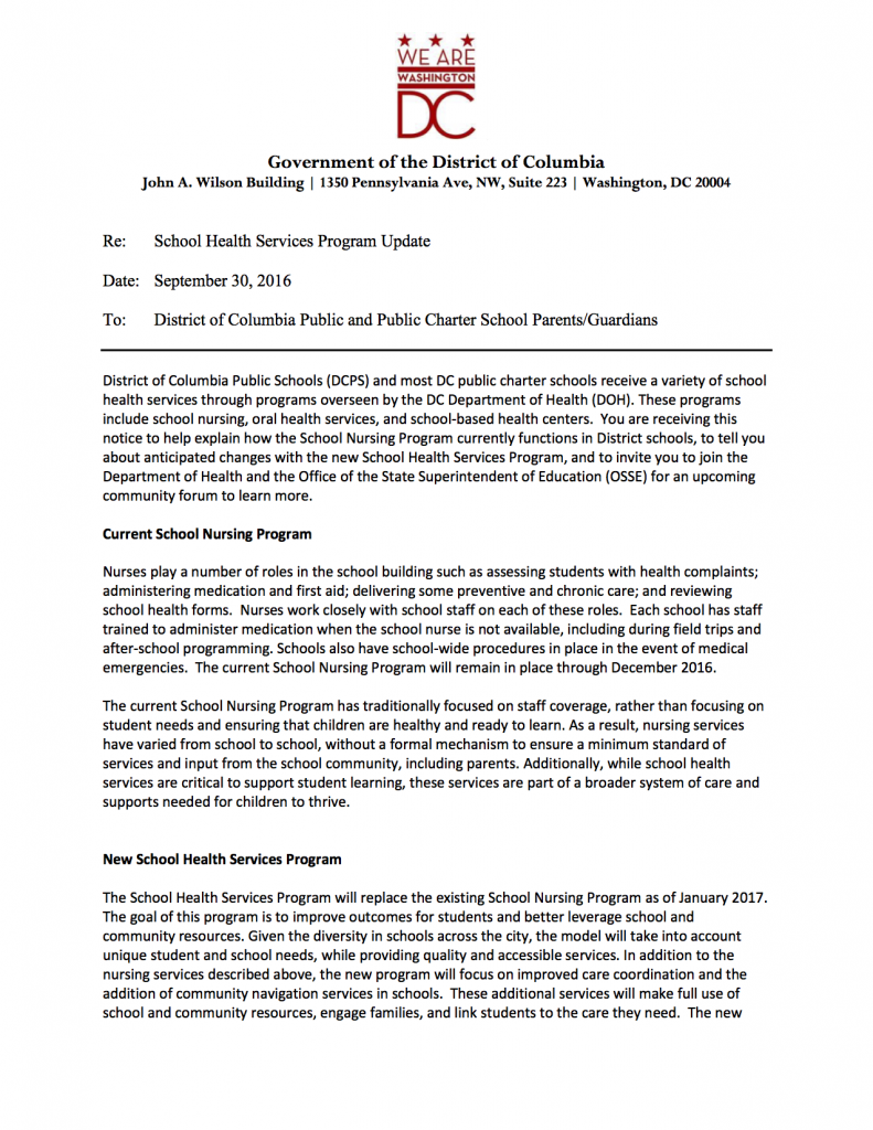 DOH letter on School Nurse Plan